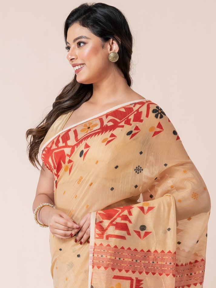 Sandalwood Body Red Jamdani Cotton Saree – SAILI